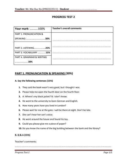 Sample English Test (Elementary 1) | PDF