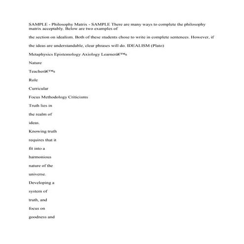 SAMPLE - Philosophy Matrix - SAMPLE There are many ways to complete th.docx