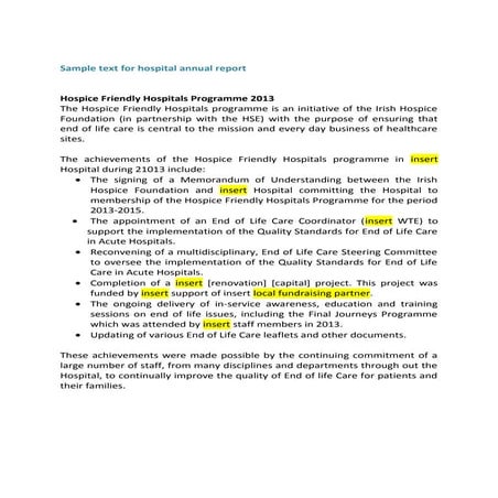 Sample Text for Hospital Annual Report (From Acute Hospital Network ...