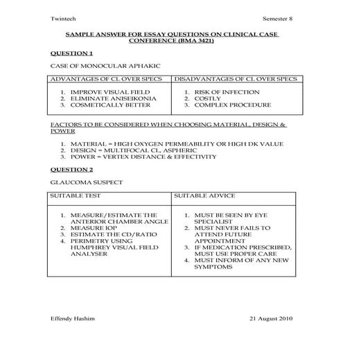 Sample answer for essay questions on clinical case conference | DOC