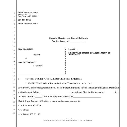 Sample acknowledgment of assignment of judgment in California | DOC