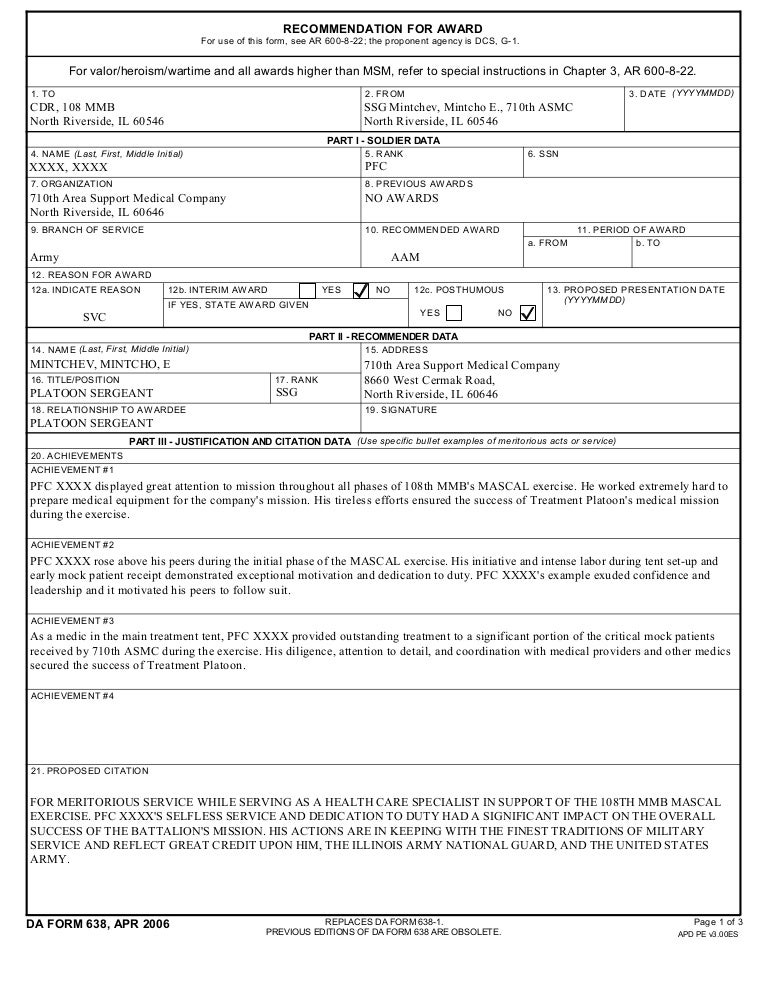 Sample Award Recommendation DA Form 638