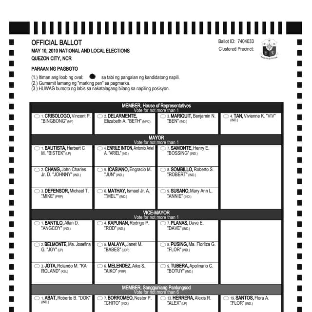 Sample Ballot Local Quezon City 1 St Legislative District 1 | PDF