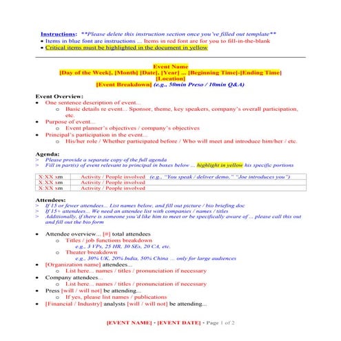 Event Briefing Template for Executive Assistants | PDF