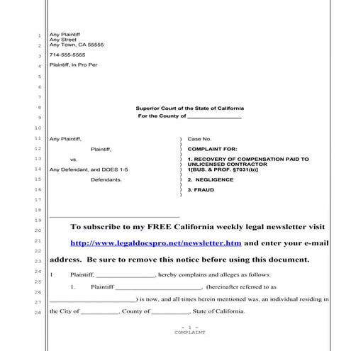 Sample California complaint for fraud against unlicensed contractor | DOC