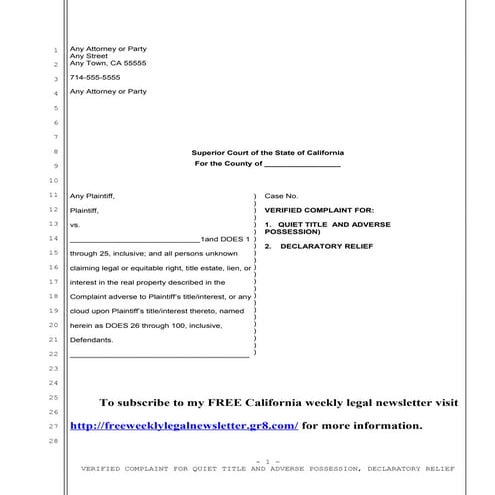 Sample California complaint for quiet title and adverse possession | DOC