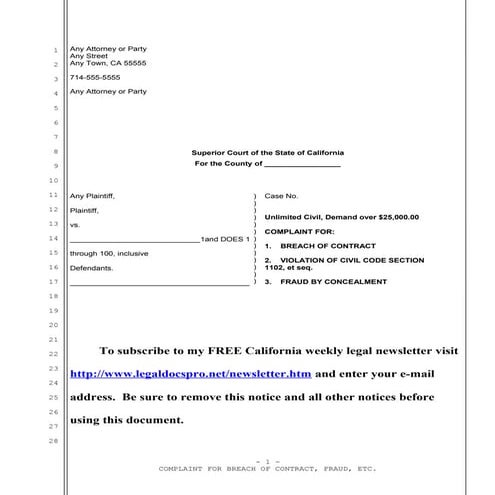 Sample california complaint for real estate fraud against seller ...