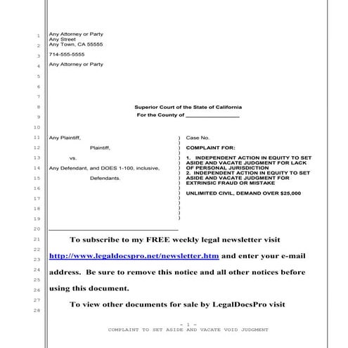 Sample California complaint to vacate judgment | DOC | Legal Services ...