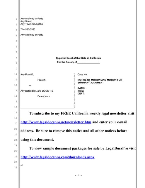 Sample California motion for summary judgment by plaintiff | DOC