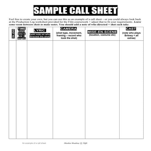 Sample music video call sheet | DOC