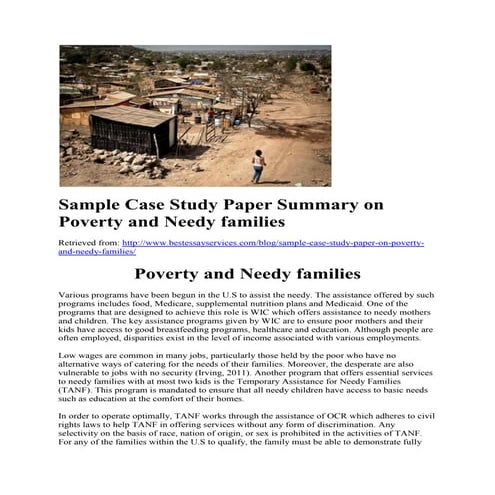 Sample Case Study Paper Summary on Poverty and Needy Families | PDF
