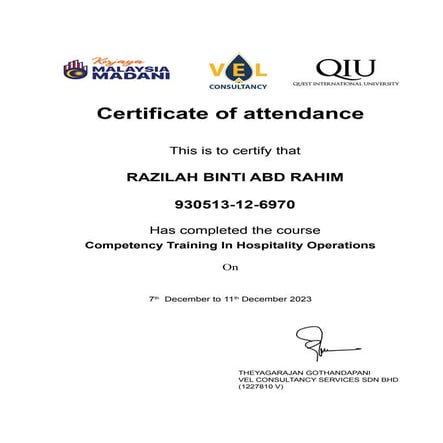 sample cert for hospitality management use. training cert | PDF