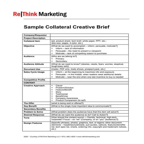 Примеры брифов: Sample collateral creative brief | PDF