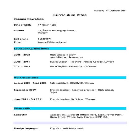 Sample cv2 | PDF | Education
