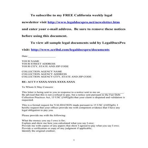 Sample debt validation letter to collection agency | DOC