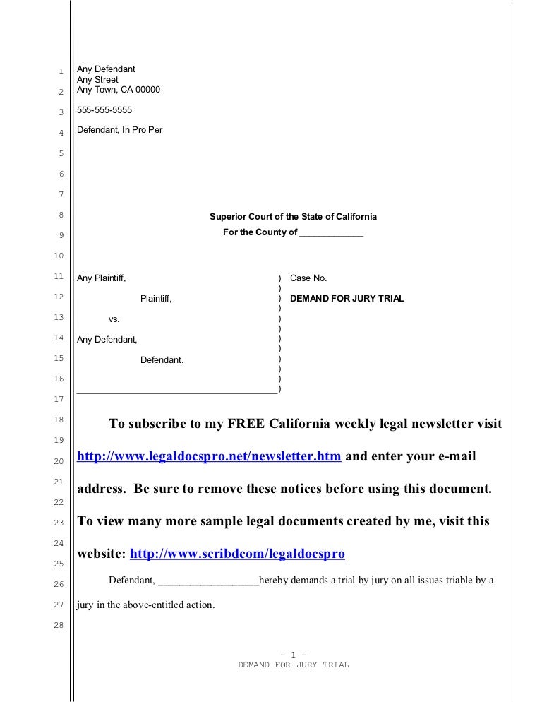 Sample California demand for jury trial