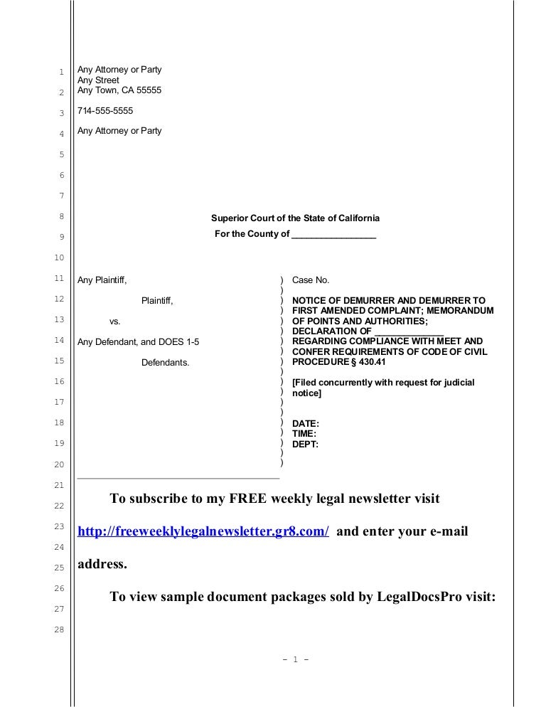 Sample demurrer to first amended complaint in California