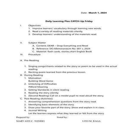 Lesson on CATCH -UP FRIDAY in Accordance to the Memo | DOCX