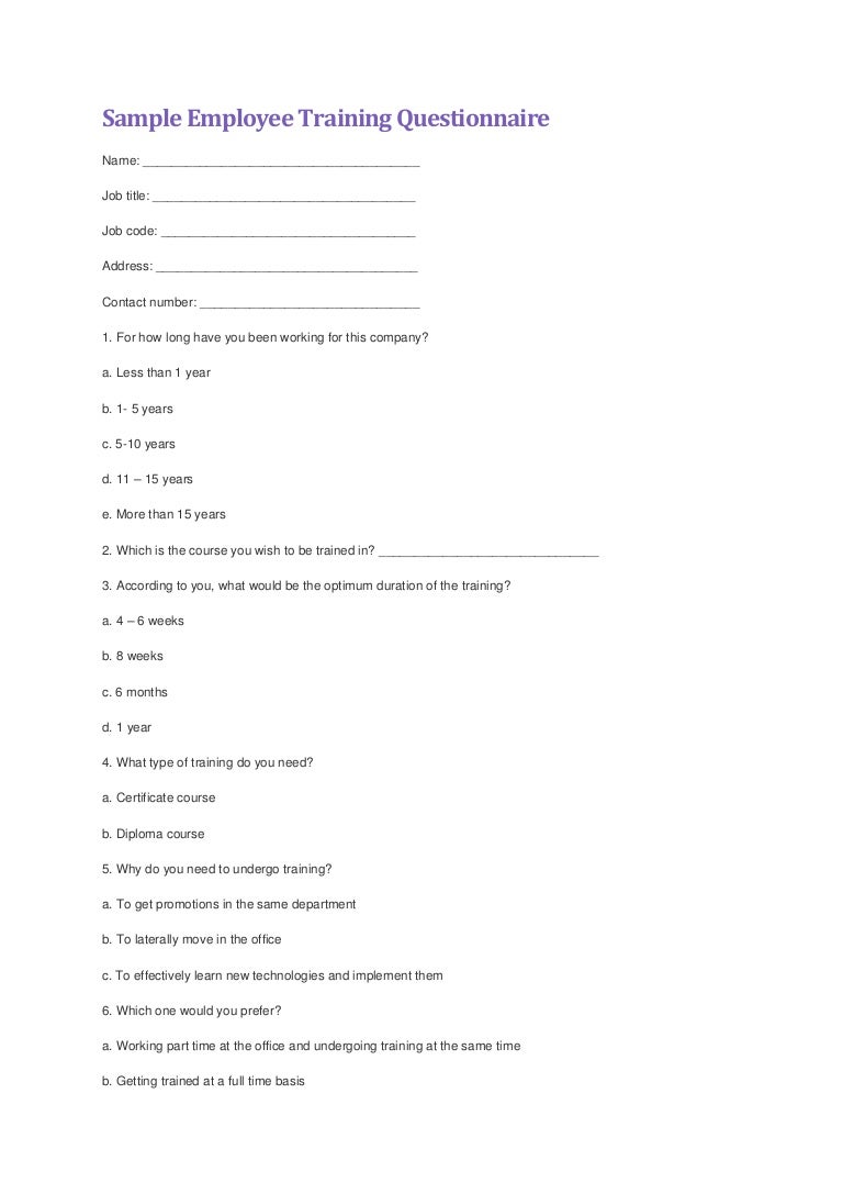 Sample employee training questionnaire