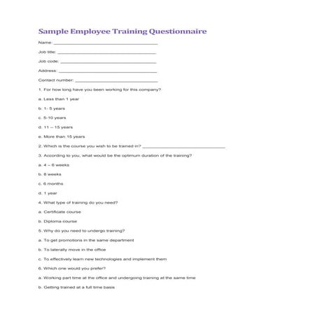 Sample employee training questionnaire | DOCX | Careers