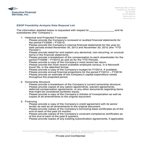 ESOP feasibility analysis request list | PDF