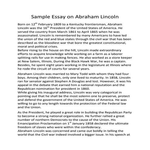 Sample essay on abraham lincoln | PDF