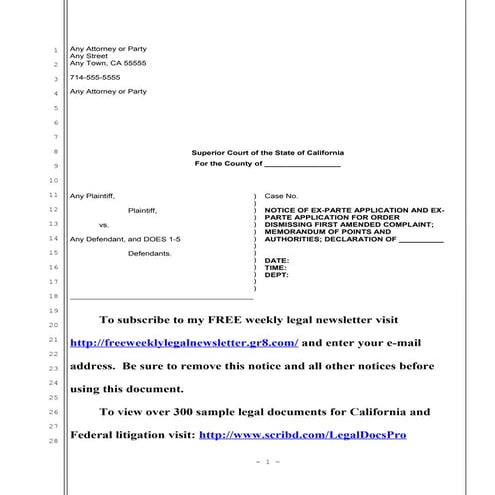 Sample ex parte application to dismiss complaint in california | DOC