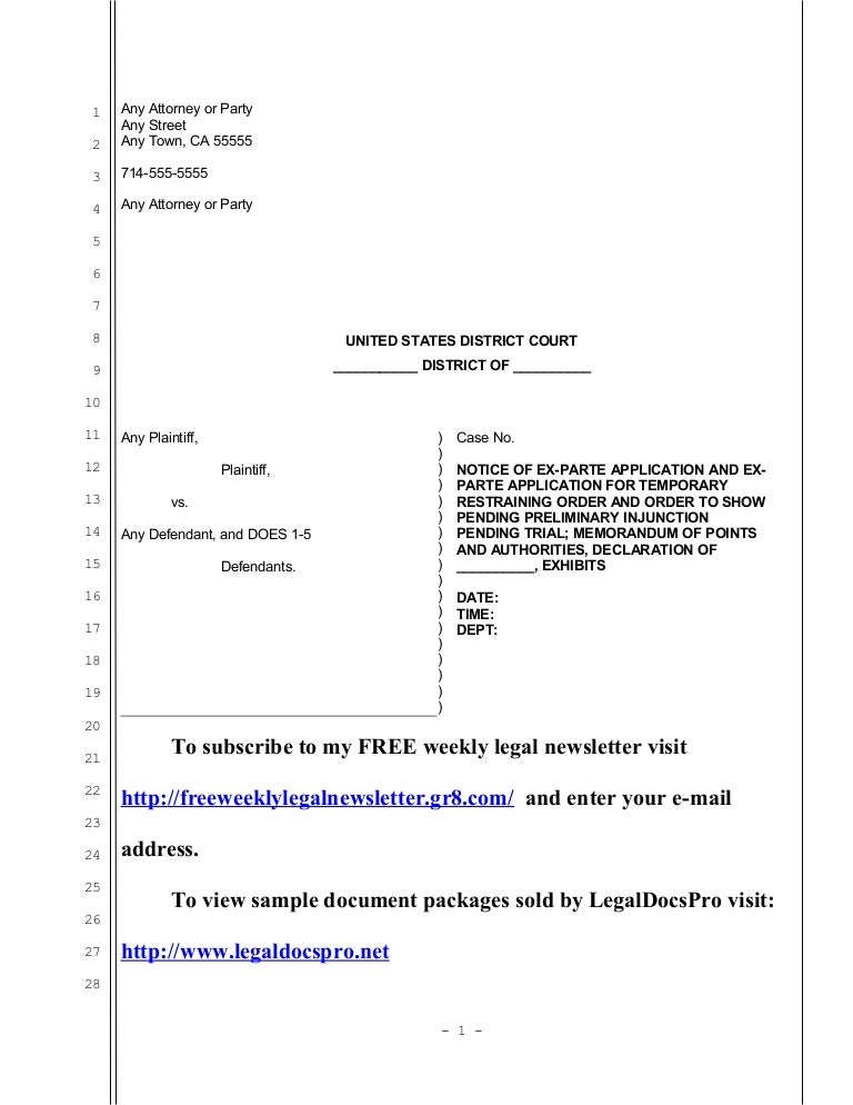 Sample ex parte application for TRO and preliminary injunction in Uni…
