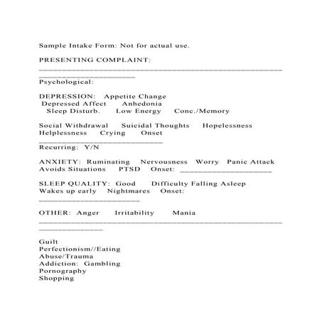 Sample Intake Form Not for actual use. PRESENTING COMPLAINT .docx