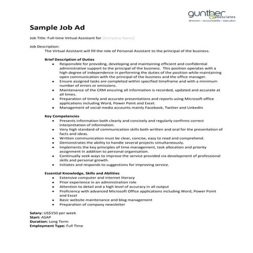 Sample VA Job Ad | DOCX