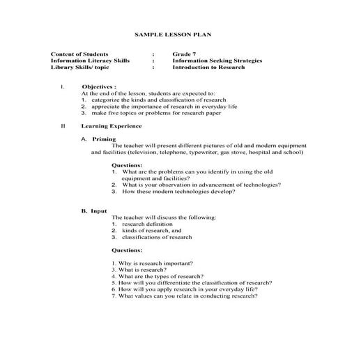 Sample lesson plan research | DOC