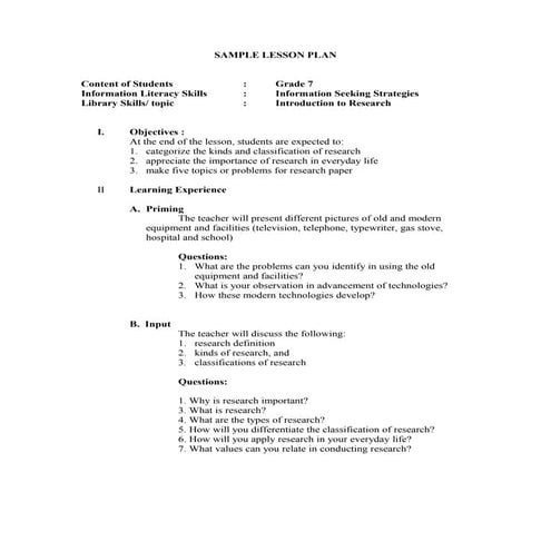 Sample lesson plan research | DOC