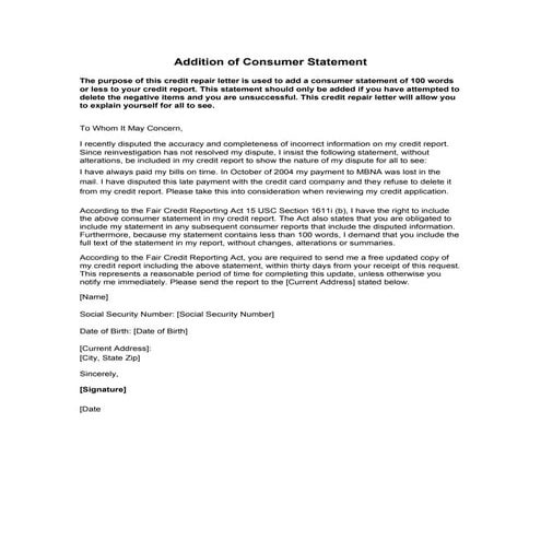 Sample letter addition of consumer statement | DOC