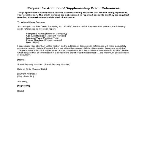 Sample letter request for addition of supplementary credit references | DOC