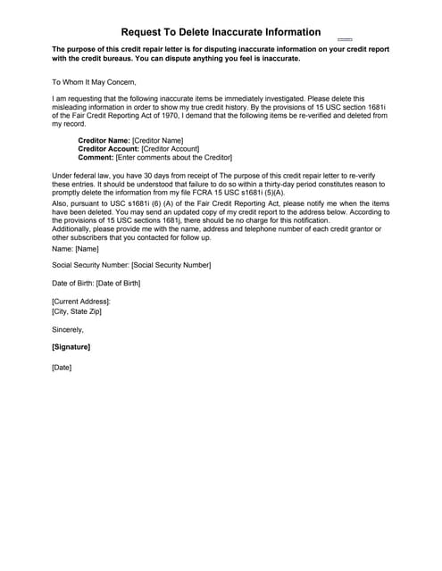 Sample dispute letter to credit bureau under Fair Credit Reporting Act ...