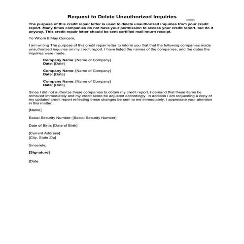 Sample letter request to delete unauthorized inquiries | DOC