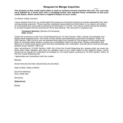 Sample letter request to merge inquiries | DOC