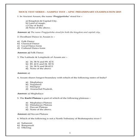 Sample mock test apsc prelims 2015 | PDF