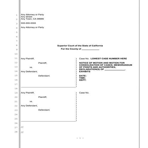 Sample motion for consolidation of cases in California | DOC
