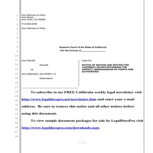 Sample motion for judgment notwithstanding the verdict for california | DOC