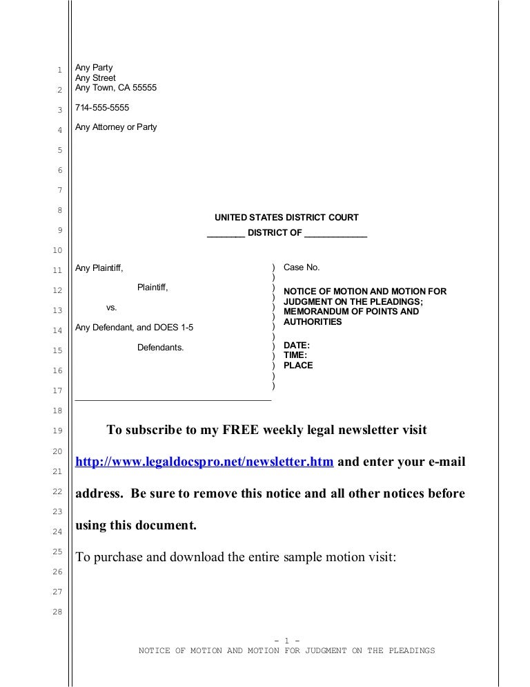 Sample Motion For Judgment On The Pleadings Under Rule 12 c Of The F sample-motion-for-judgment-on-the-pleadings-under-rule-12-c-of-the-f