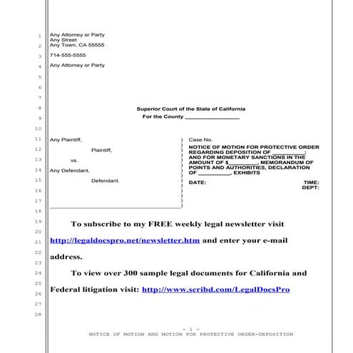Sample motion for protective order for deposition in California | DOC