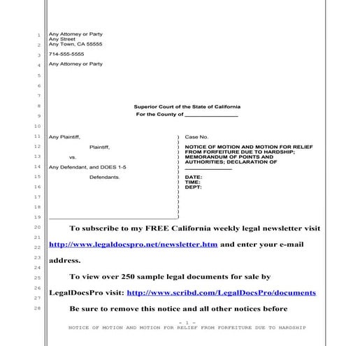 Sample motion for relief from forfeiture of lease in California | DOC