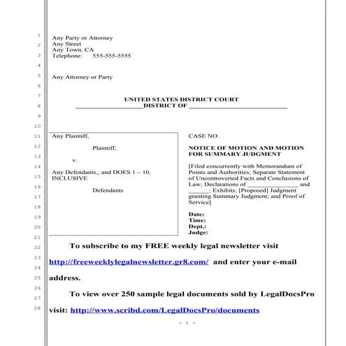 Sample motion for summary judgment by plaintiff in United States ...