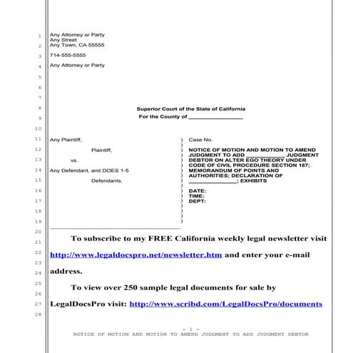 Sample California motion to amend judgment to add judgment debtor on ...