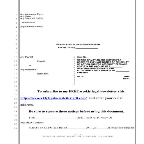 Sample motion to expunge lis pendens for California | DOC
