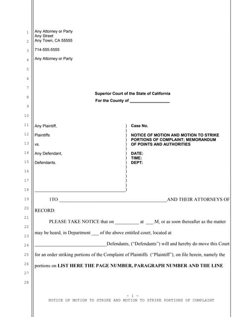 Sample California motion to strike answer | DOC