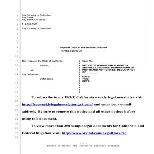 Sample motion to suppress evidence for California | DOC