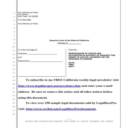 Sample motion to vacate California divorce judgment for fraud | PDF