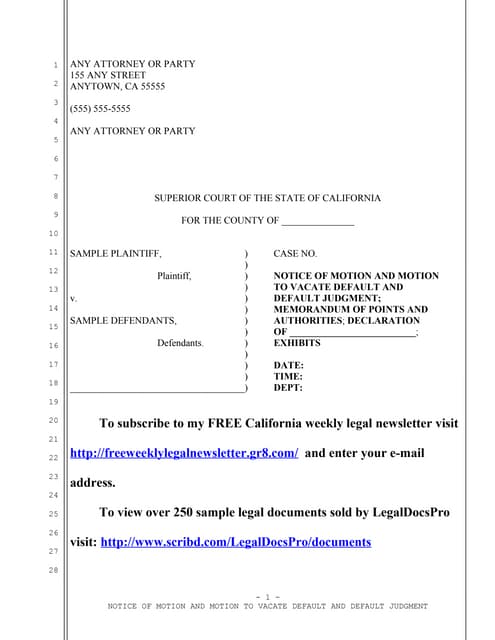 Sample California motion to vacate judgment and enter different ...